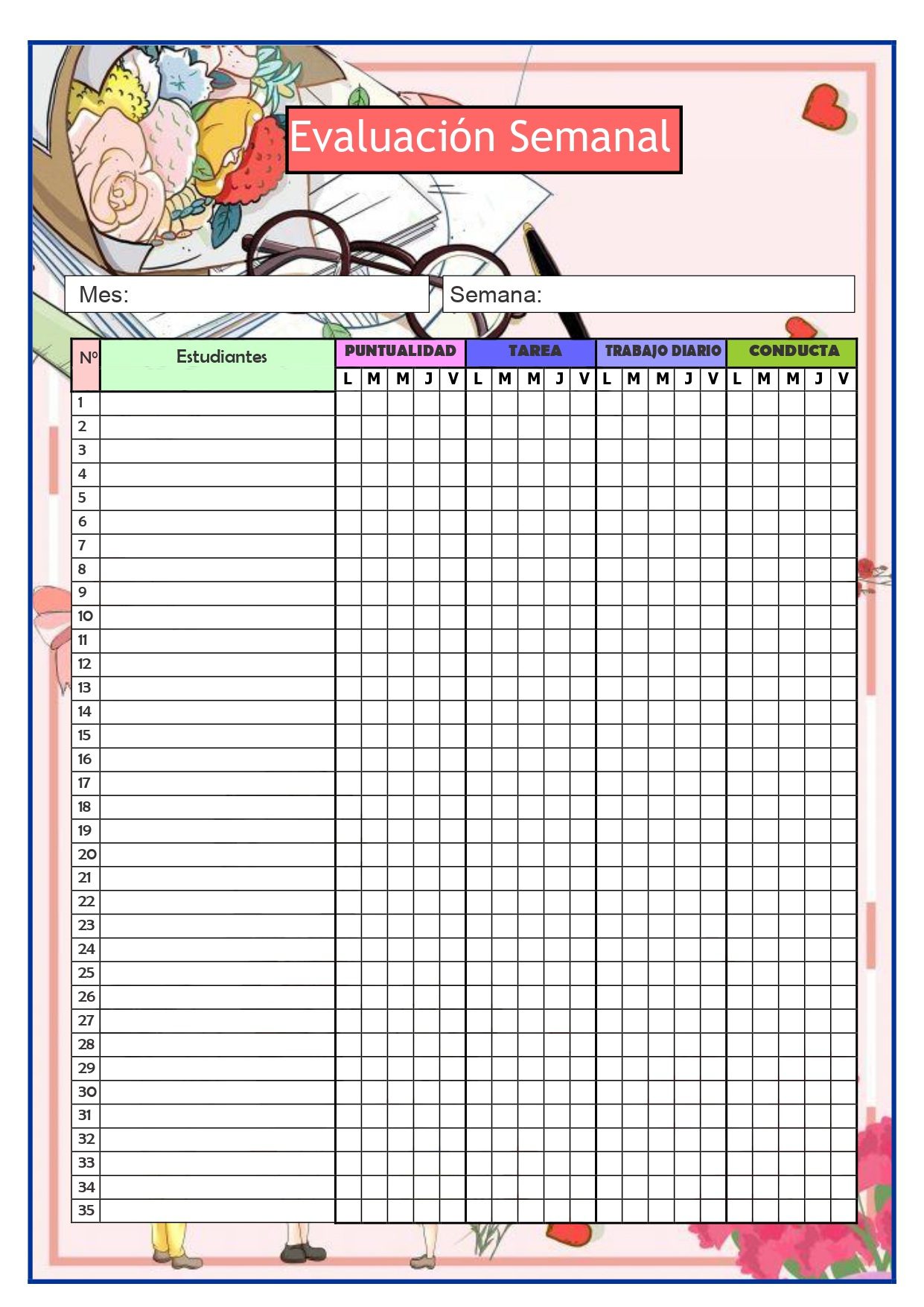 Fabulosas Hojas de Evaluación Diaria y Semanal